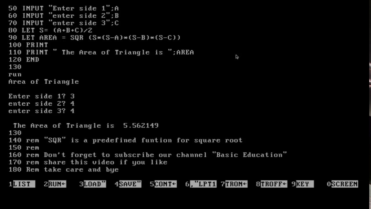 Program to Find Area of a Triangle | GW BASIC Programming Tutorial