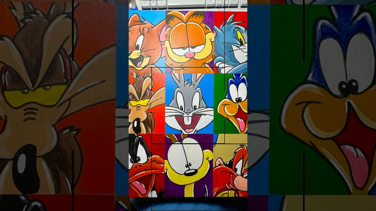 Finished results of painting of 9 classic cartoons. Bugs, Garfield, Odie, Tom, Jerry, Sam, Wiley