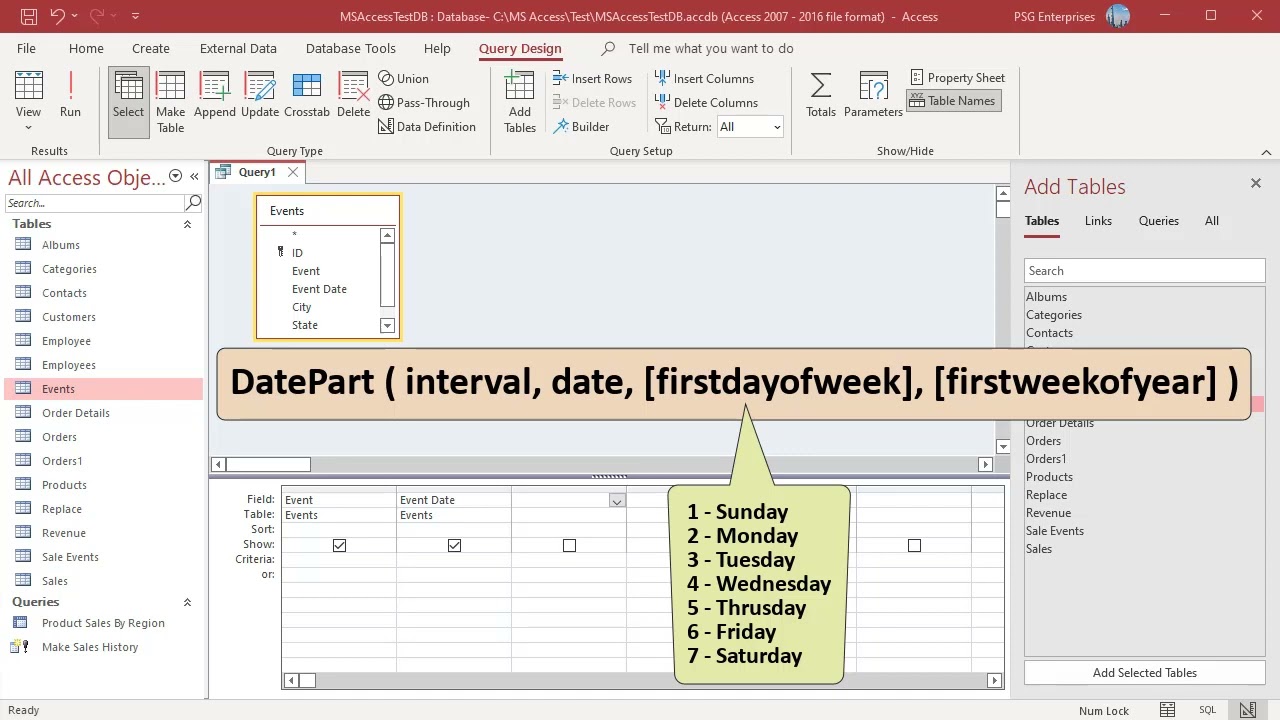 How to use DATEPART function in MS Access - Office 365