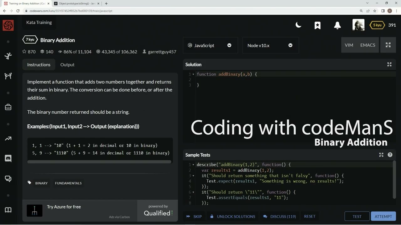 Codewars 7 kyu Binary Addition JavaScript