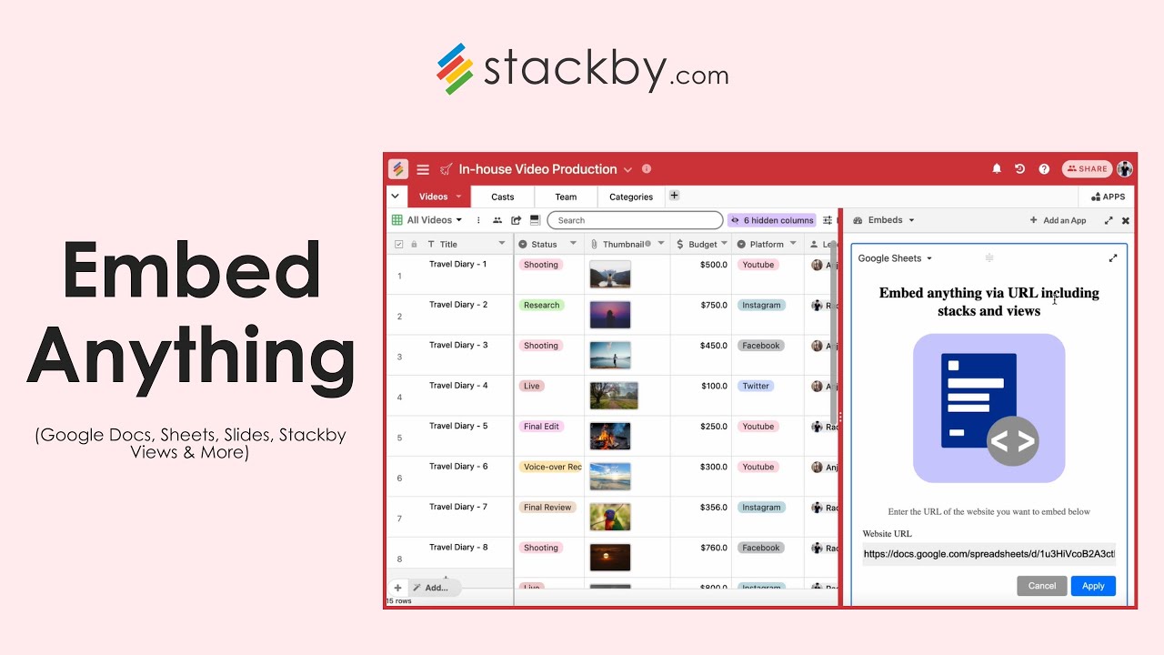 Stackby Apps Tutorial - Embed Google Docs, Sheets, Slides & More