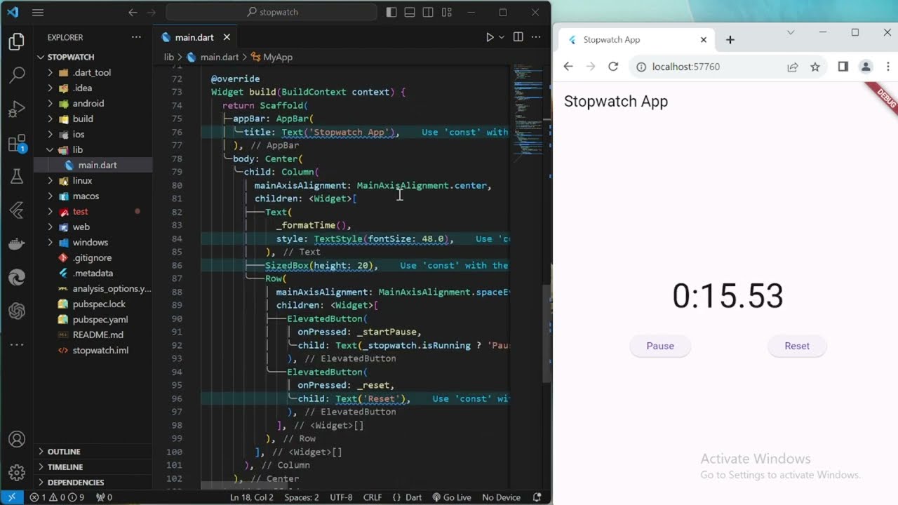 stopwatch | Display minutes,seconds and milliseconds | Start, pause and reset the timer