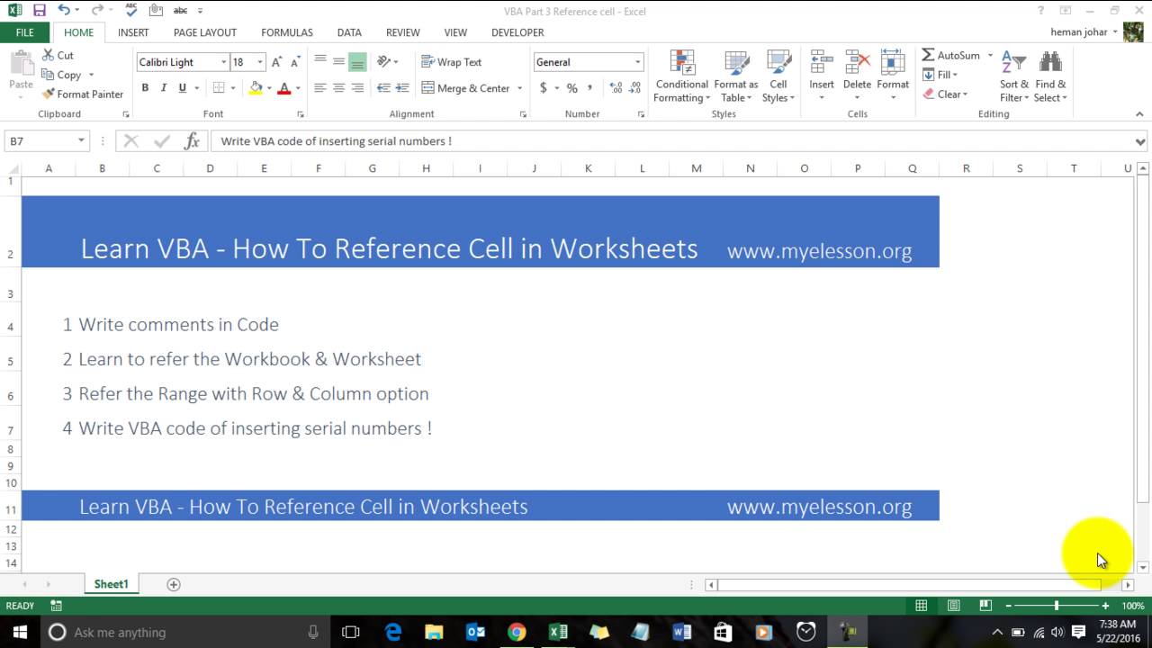 Learn Vba Refer Cell To Enter Value With Vba Learn Excel Course Ms Word Course And Ms Excel