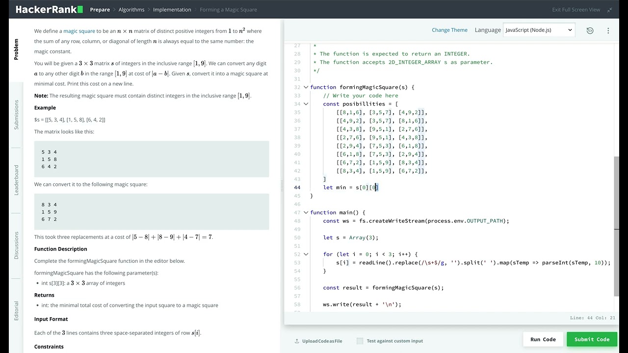 Hackerrank Algorithm Solution - Forming a Magic Square (Javascript)