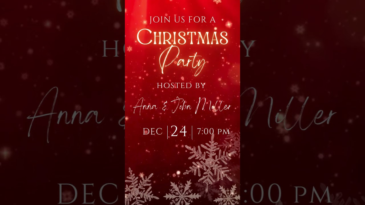 Red Gold Christmas Party Invitation Digital Animated snowflakes Evite Christmas Invitation Template