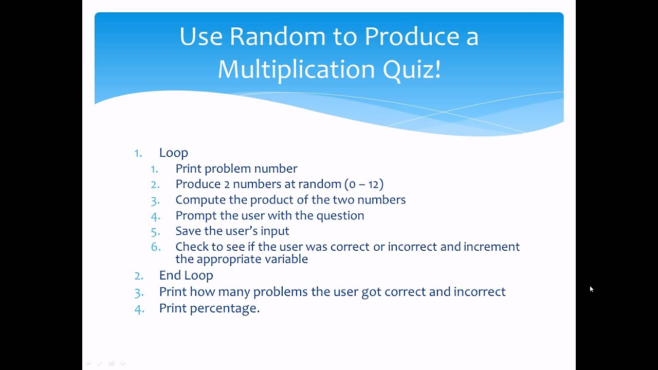 Java:  Random Numbers.  A Multiplication Quiz Engine