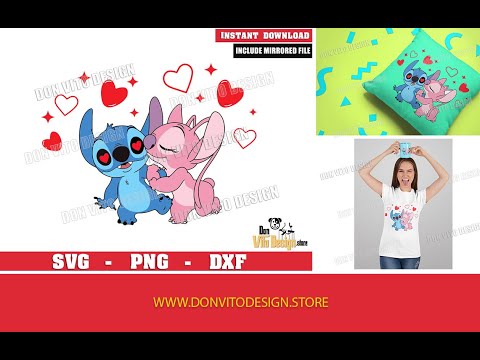Stitch and Angel Kiss Valentine SVG File for Cricut Silhouette Love Lilo DIY PNG T-Shirt Mug Pillow