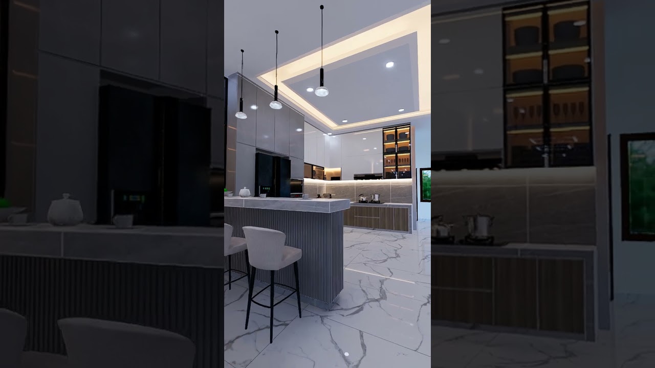 Interior dapur dengan minibar dan ruang makan modern minimalis mewah #desaininterior