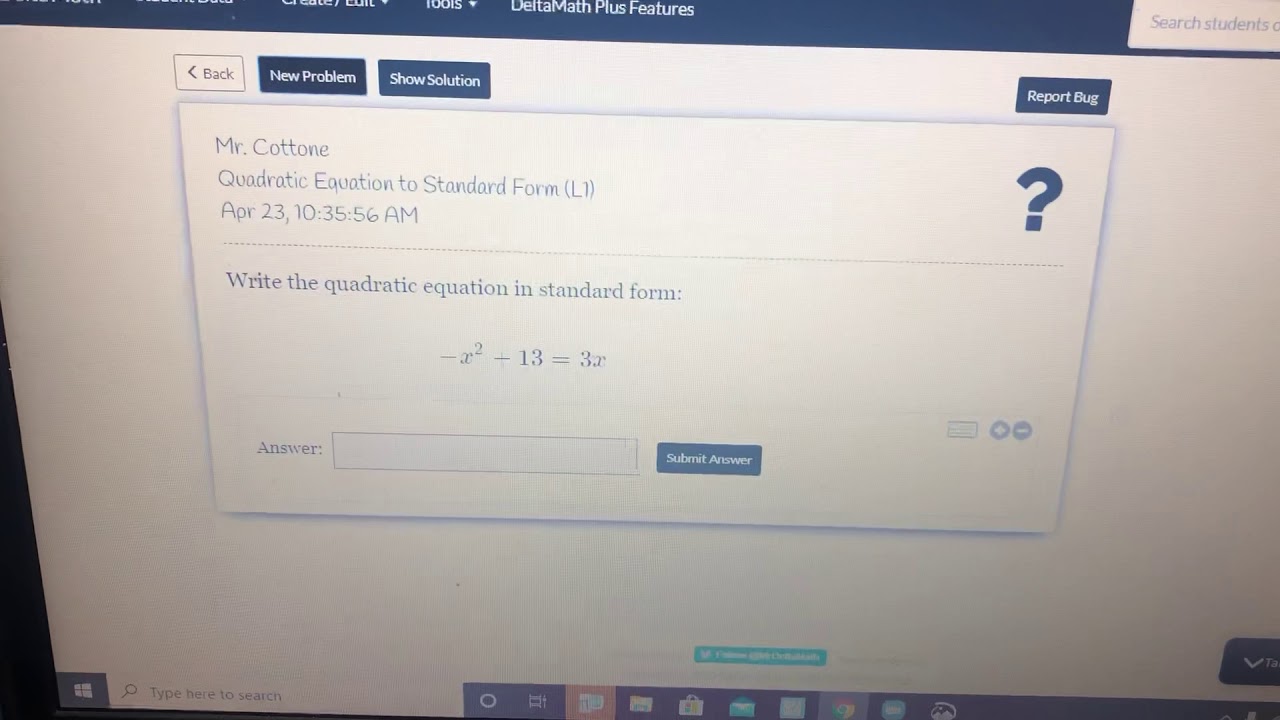 Quadratic Equation to Standard Form Level 1 - Example 2