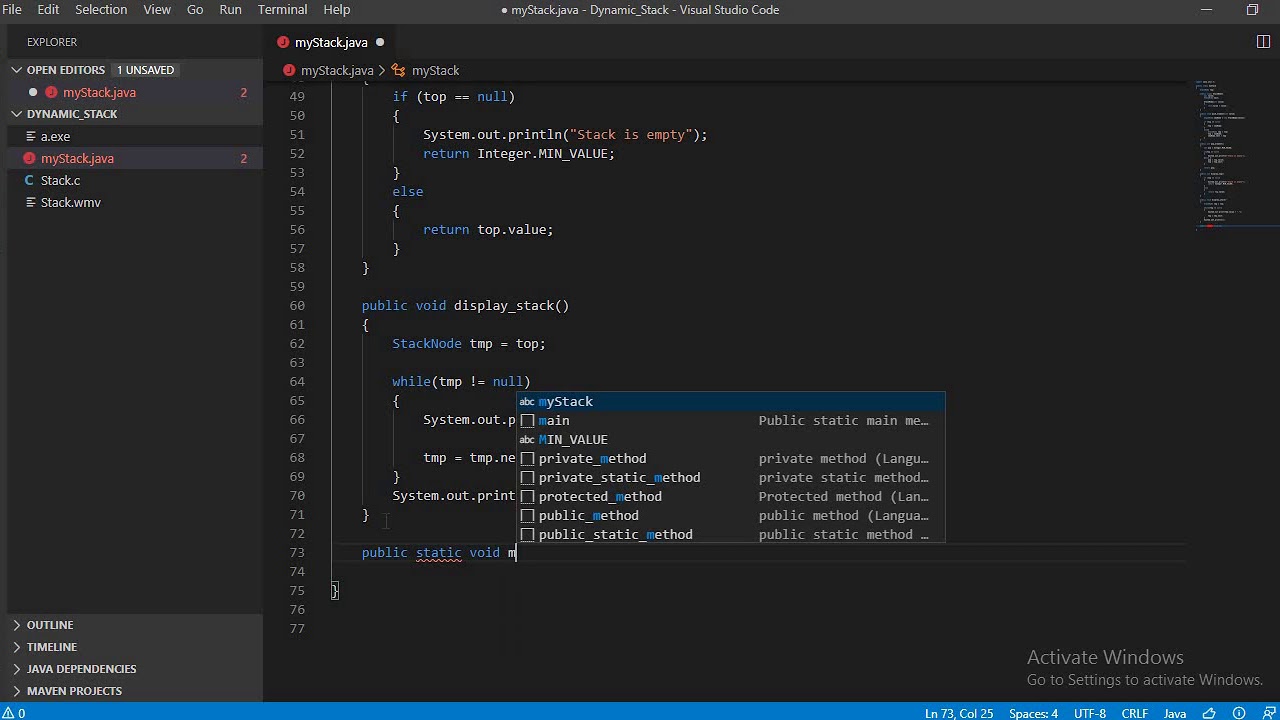 Dynamic Stack Implementation in Java Language