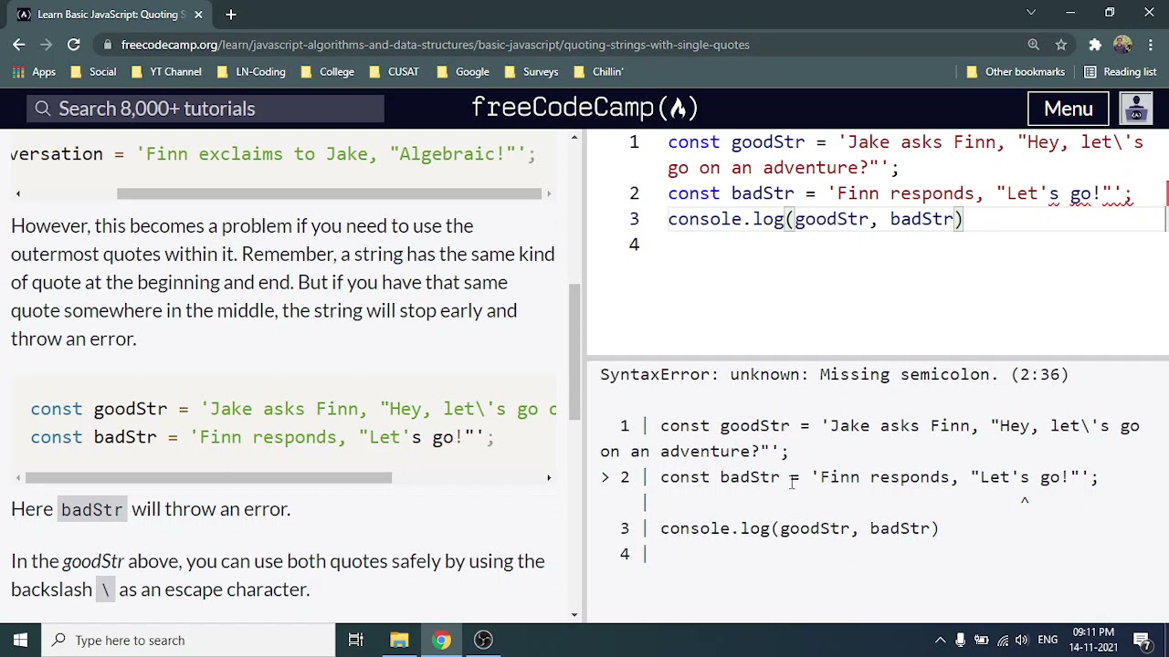 Quoting strings with single quotes - Freecodecamp.org | Video 26 | Basic JavaScript