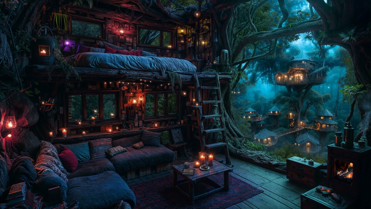 🎵  Tree House Life:  Enchanted Forest in the Rain | Ambient Music with Nature Sounds | 4K | 10 hours