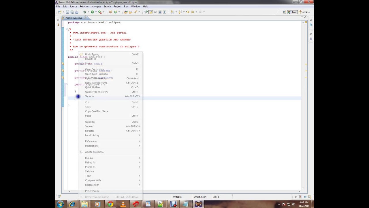 HOW TO GENERATE CONSTRUCTOR FOR JAVA CLASS ECLIPSE