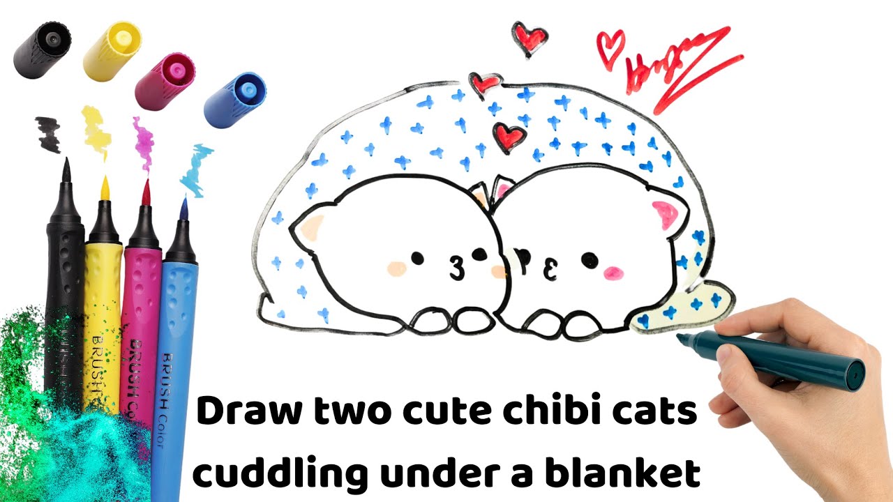 Draw two cute chibi cats cuddling under a blanket #drawing #chibi #cat
