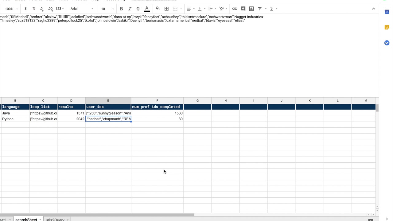 Google Sheets - mining github