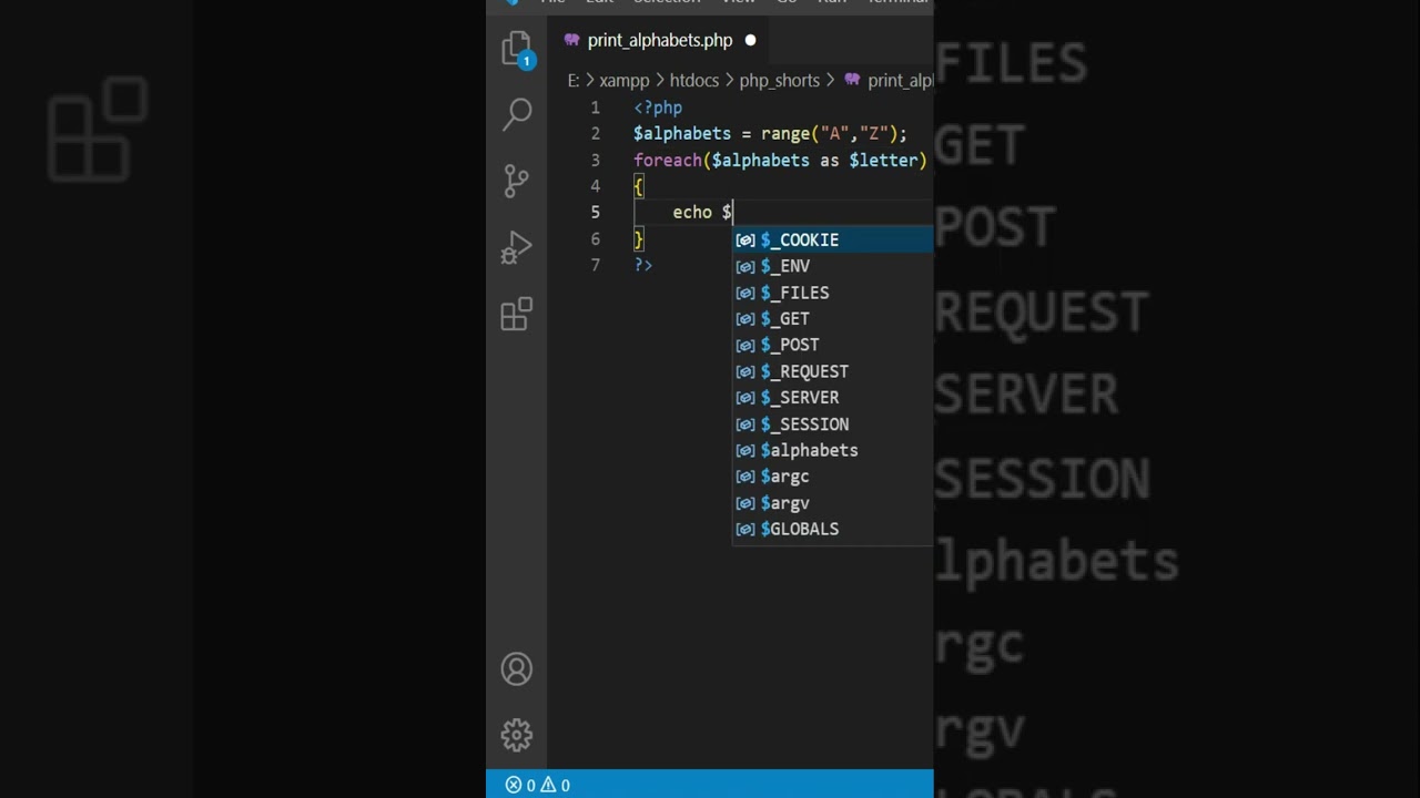 Print alphabets   - PHP script #short