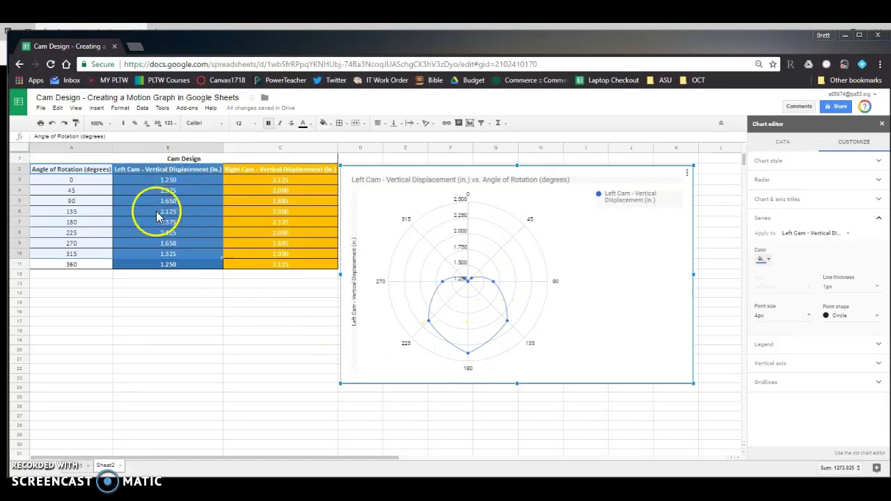 PLTW IED - Cam Design - Polar Graphs in Google Sheets