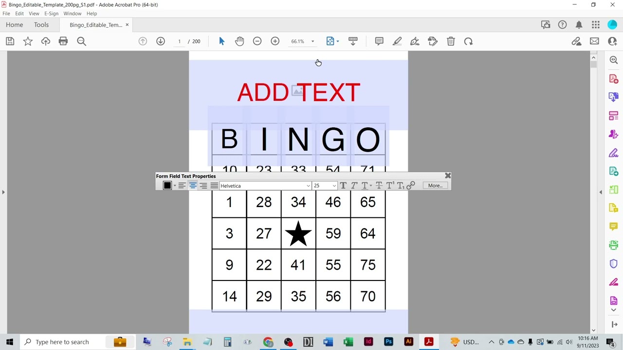 200 Card editable Adobe form field PDF bingo card template