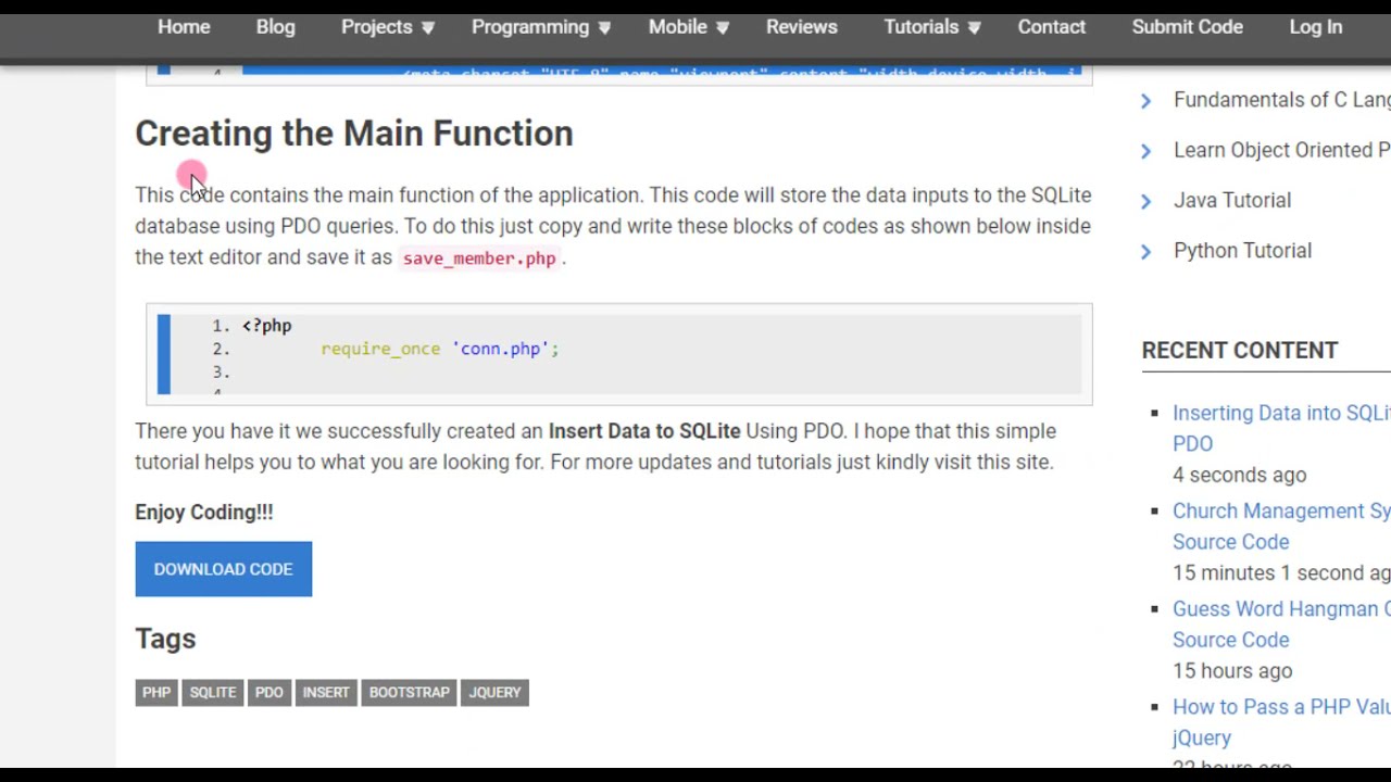 Inserting Data into SQLite Database Using PHP PDO Tutorial Demo