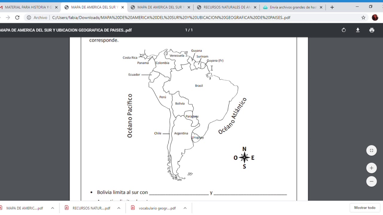 MAPA DE AMÉRICA DEL SUR Y UBICACIÓN GEOGRÁFICA DE PAÍSES  - Cuarto Básico
