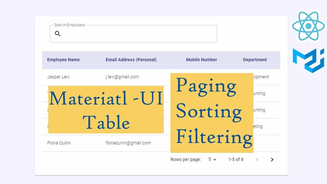 React Material UI Table with Paging Sorting and Filtering