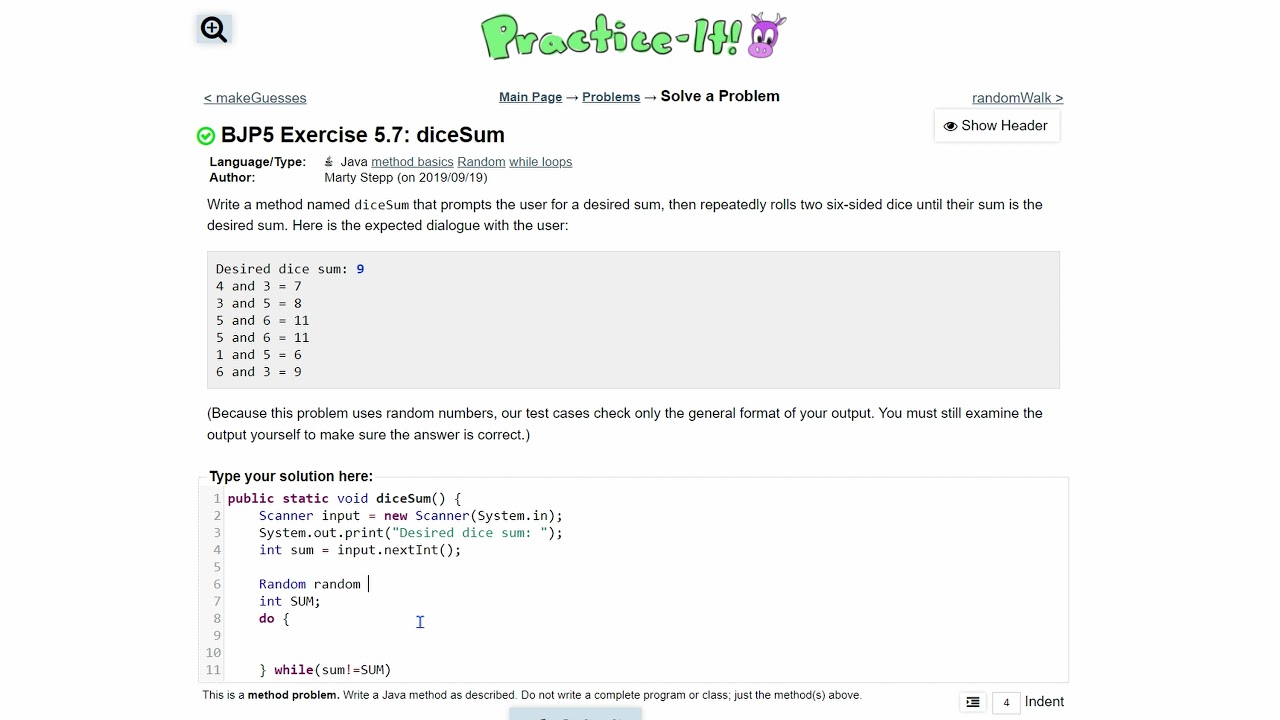 Java Practice It | Exercise 5.7: diceSum | method basics, random, do while loops, scanner
