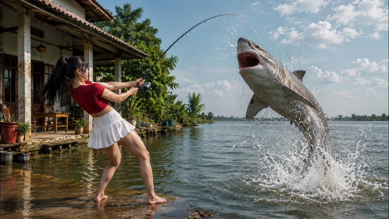 [ TIMELAPSE ] She Hooked a GIANT Shark Near Her House!