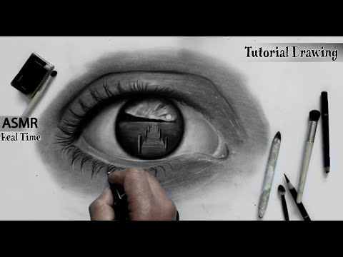 How to draw a realistic surreal eye, Step by step, Lancscape drawing, Tutorial, ASMR drawing