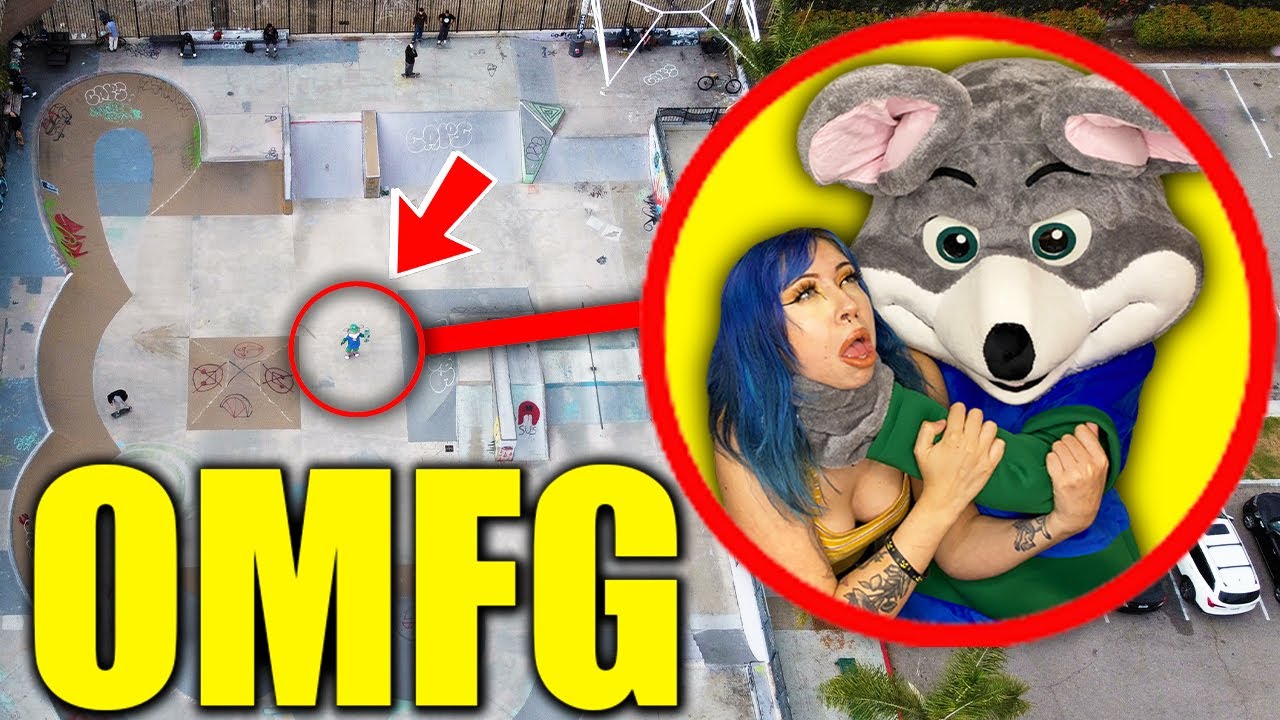 DRONE CATCHES CHUCK E CHEESE.EXE SKATEBOARDING AT HAUNTED SKATEPARK!! (HE CAME AFTER US!!)