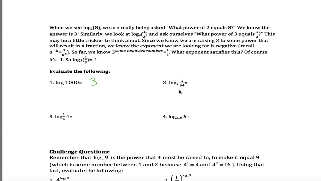Intro to Logs Worksheet
