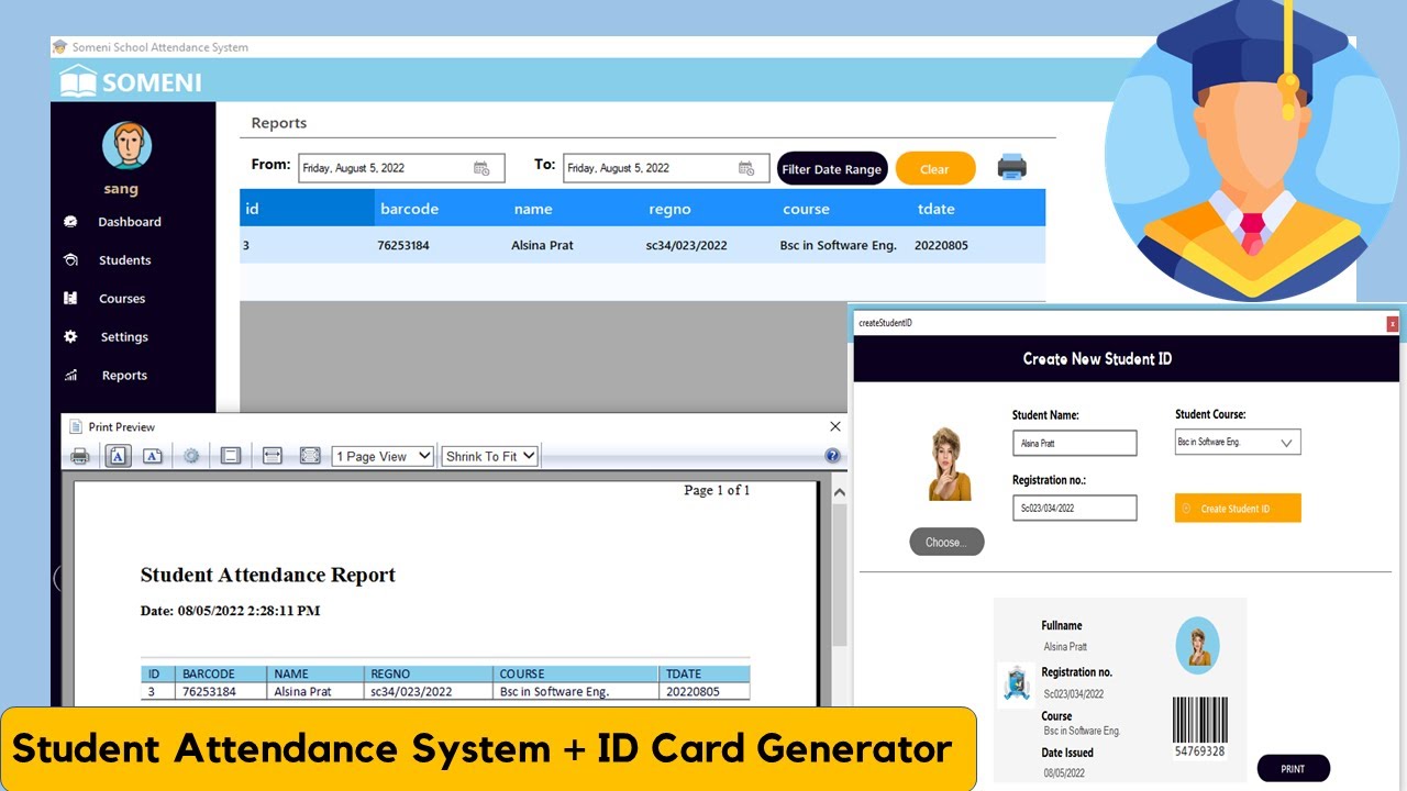 QR Code / Barcode + SMS Student Attendance System with ID Card Generator ~ SMS Notifications