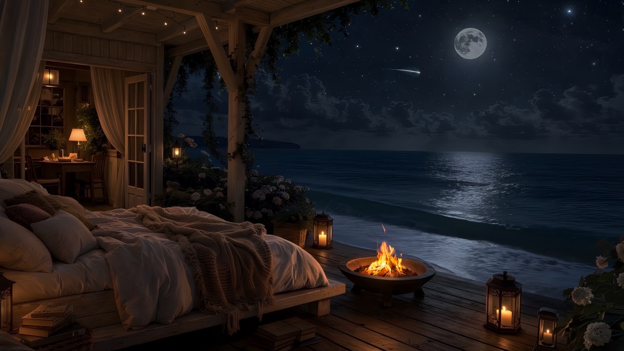[No Ads] Calming Waves for Sleep🌙 24/7 Live Ocean Sounds & Fire | Cozy Night Porch Ambience