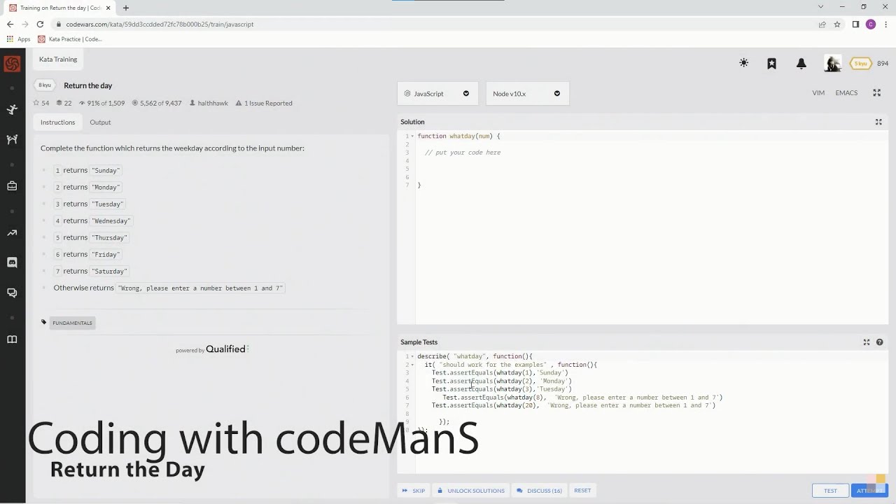 Codewars 8 kyu Return the Day JavaScript