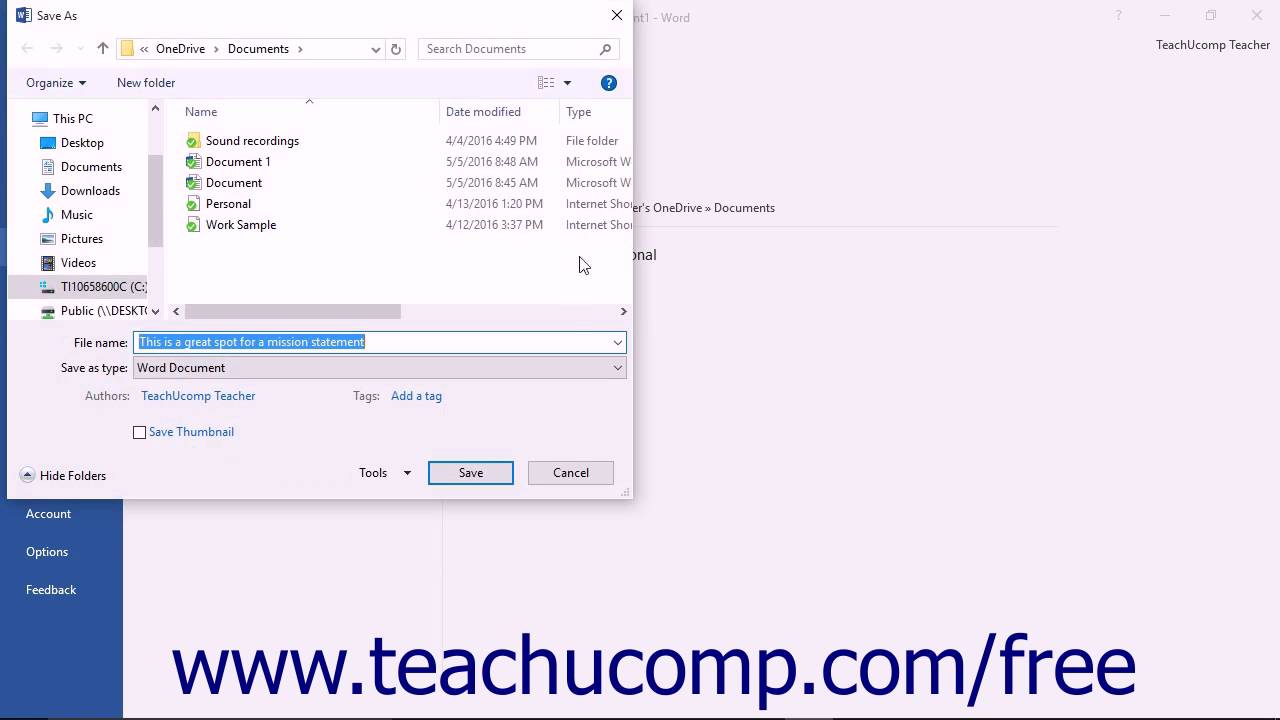 Word 2016 Tutorial Saving Documents Microsoft Training