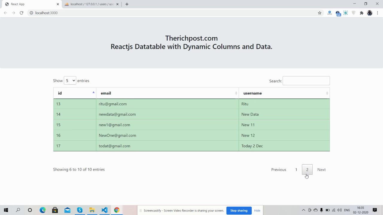 Reactjs Datatable with Dynamic Column and Data Working demo