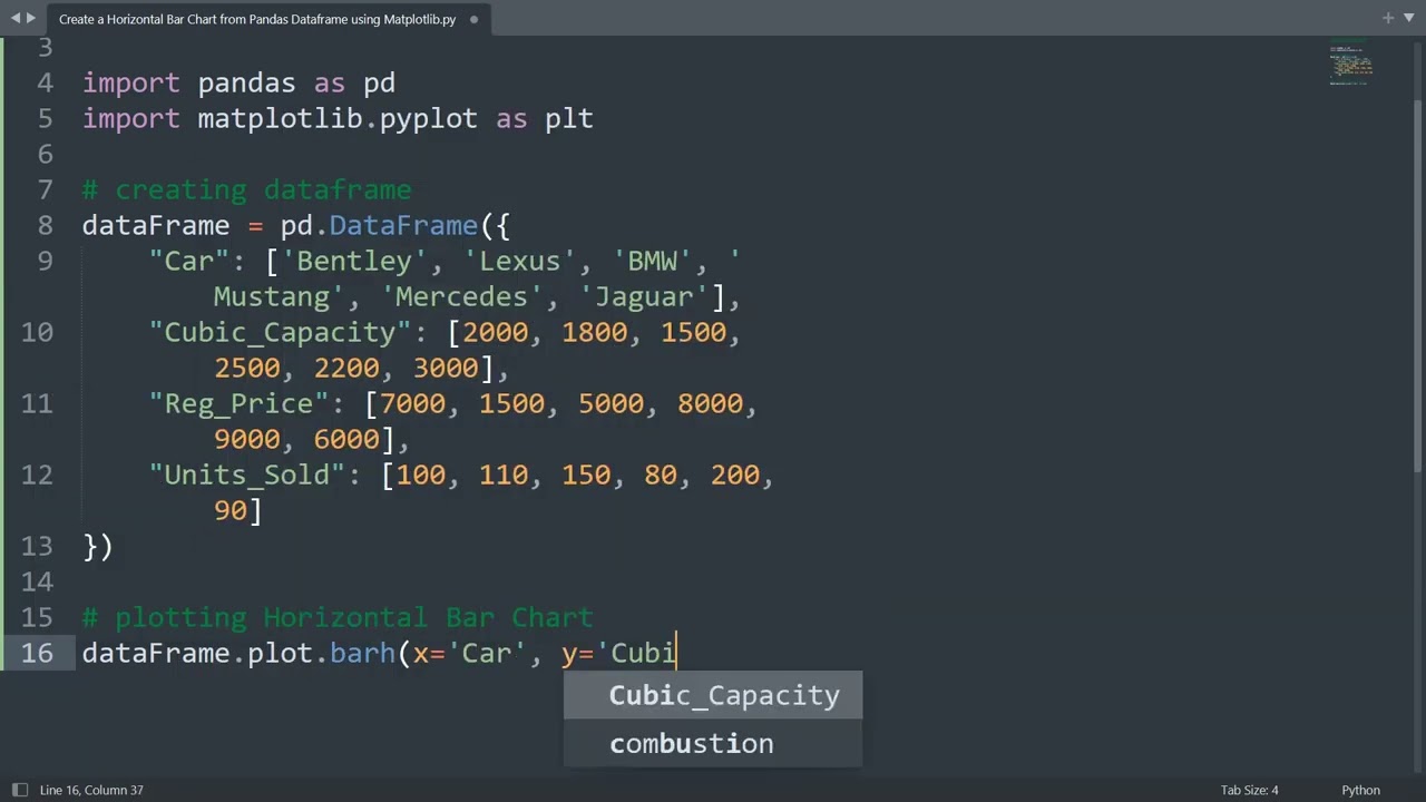 Create a horizontal bar chart from pandas dataframe using matplotlib | Python Data Science | Coding