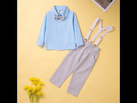 1-6Y Children Dress Suit Gentleman Kids Clothes Solid Shirt Striped Suspenders Two Piece Boys Sets