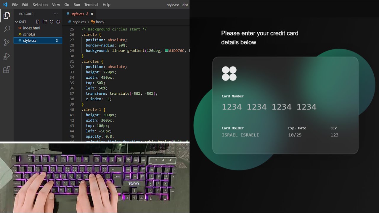 ASMR Programming - Glassmorphism Credit Card using Html CSS and Javascript - No Talking