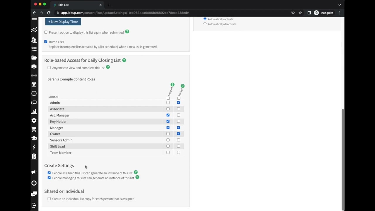 Jolt Lists | Role Based Access