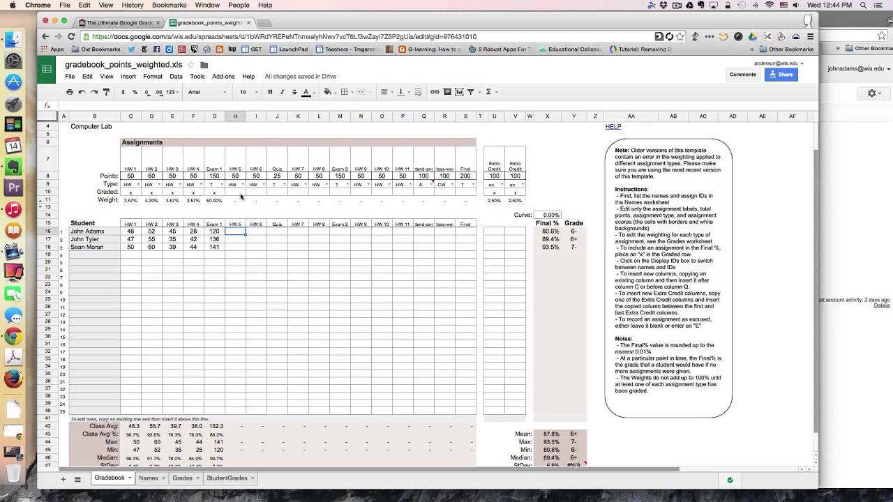 Demo:  Google Spreadsheet Gradebook