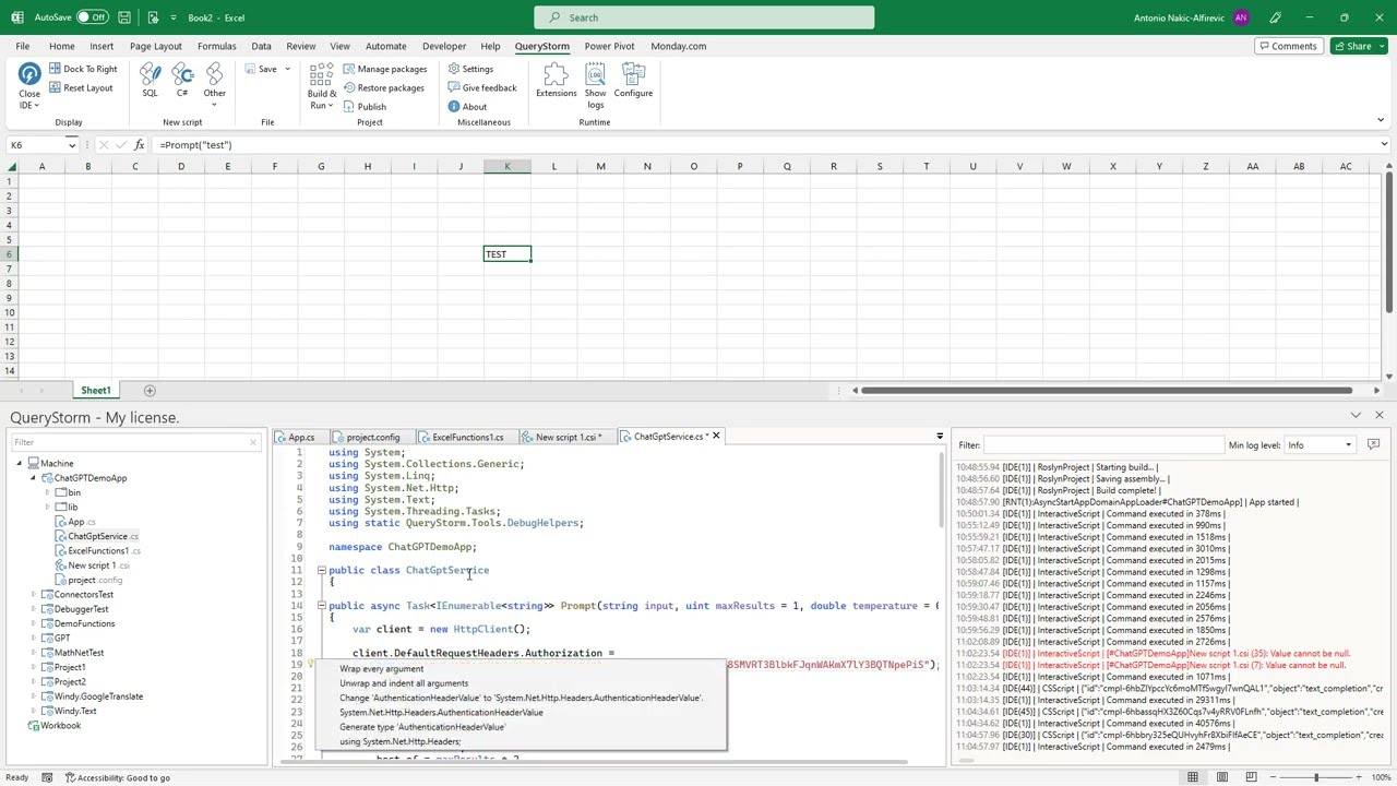QueryStorm | Let's build: a chat GPT extension for Excel using C#