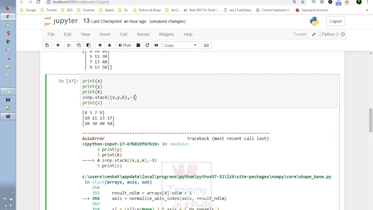 numpy stack ,vstack ,dstack,hstack functions python telugu 13