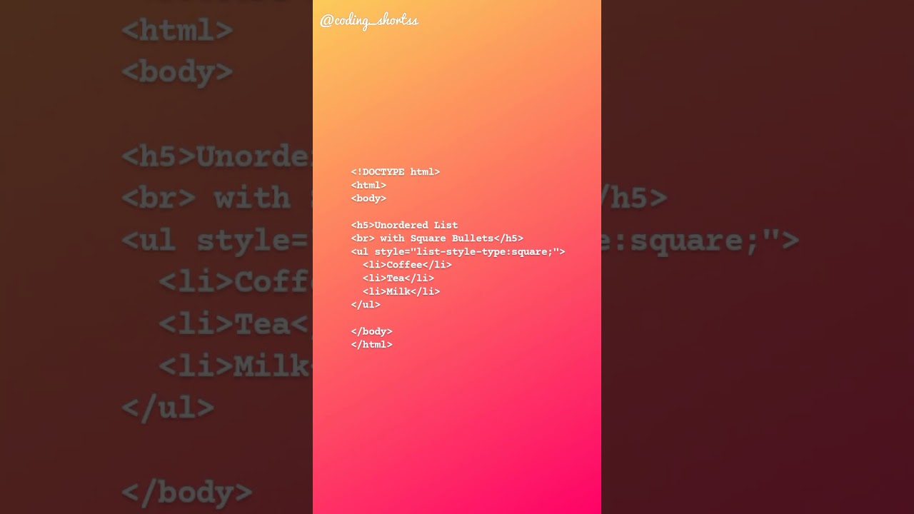 Unordered list with square bullets #short #shorts #shortvideo #viral  #htmltags #tags #whatishtml