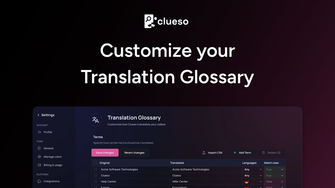 Customize Your Translation Glossary and Rules in Clueso