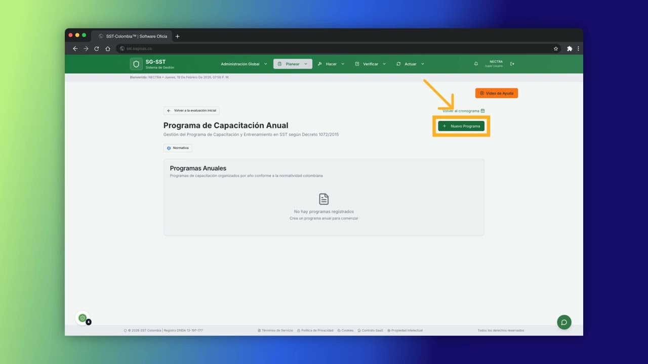 Crear Programa De Capacitación Anual En el software  SST Colombia