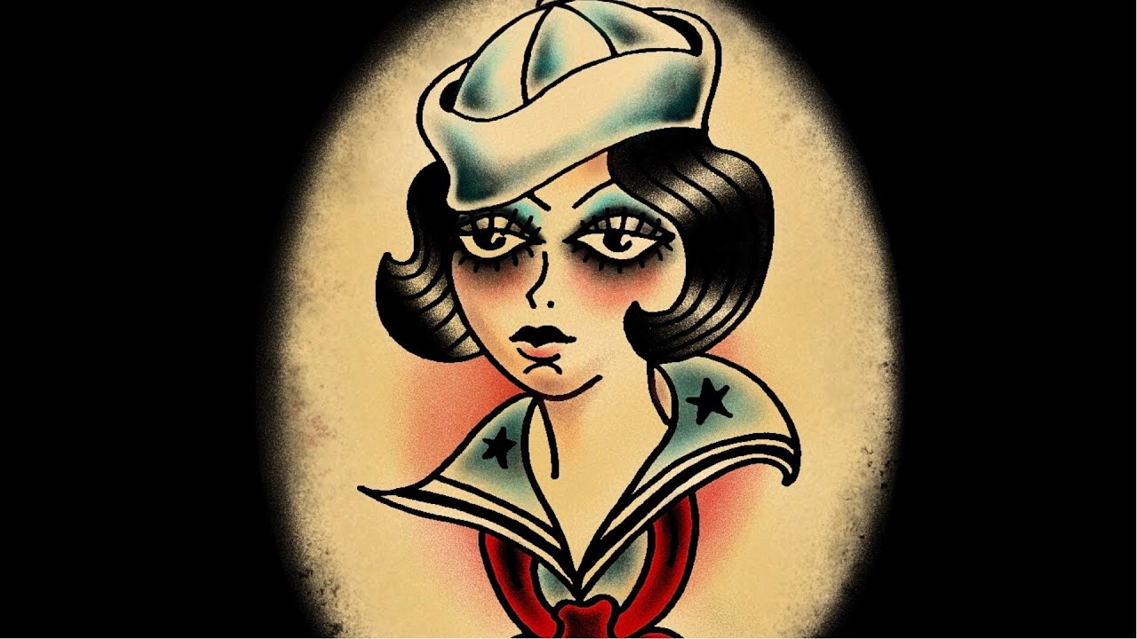How to Draw Old School Traditional  SAILOR GIRL Style Jerry Tattoo Flash Pin-up - Coloring Book Page