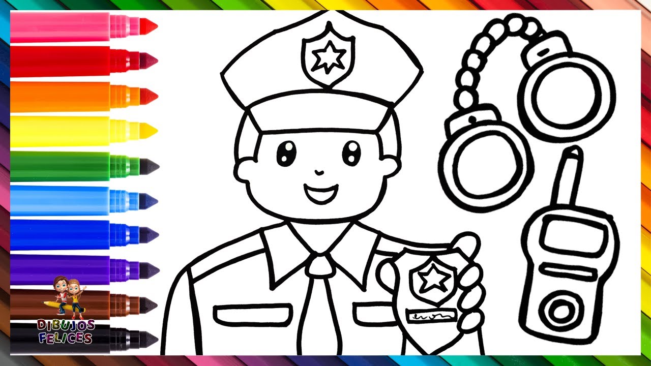 Dibuja y Colorea A Un Policía Con Accesorios 👮📱⭐ Dibujos Para Niños