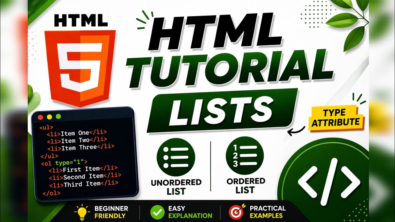 HTML Lists Explained 🔥 Ordered vs Unordered List + Type Attribute (Beginner Friendly)