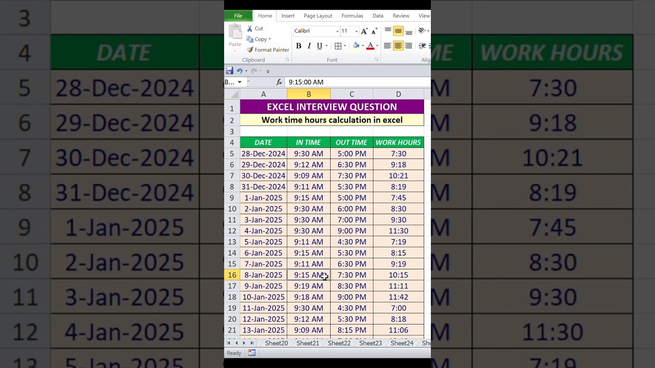 Employee work time hours calculation in excel | excel | #shorts #exceltips #interview