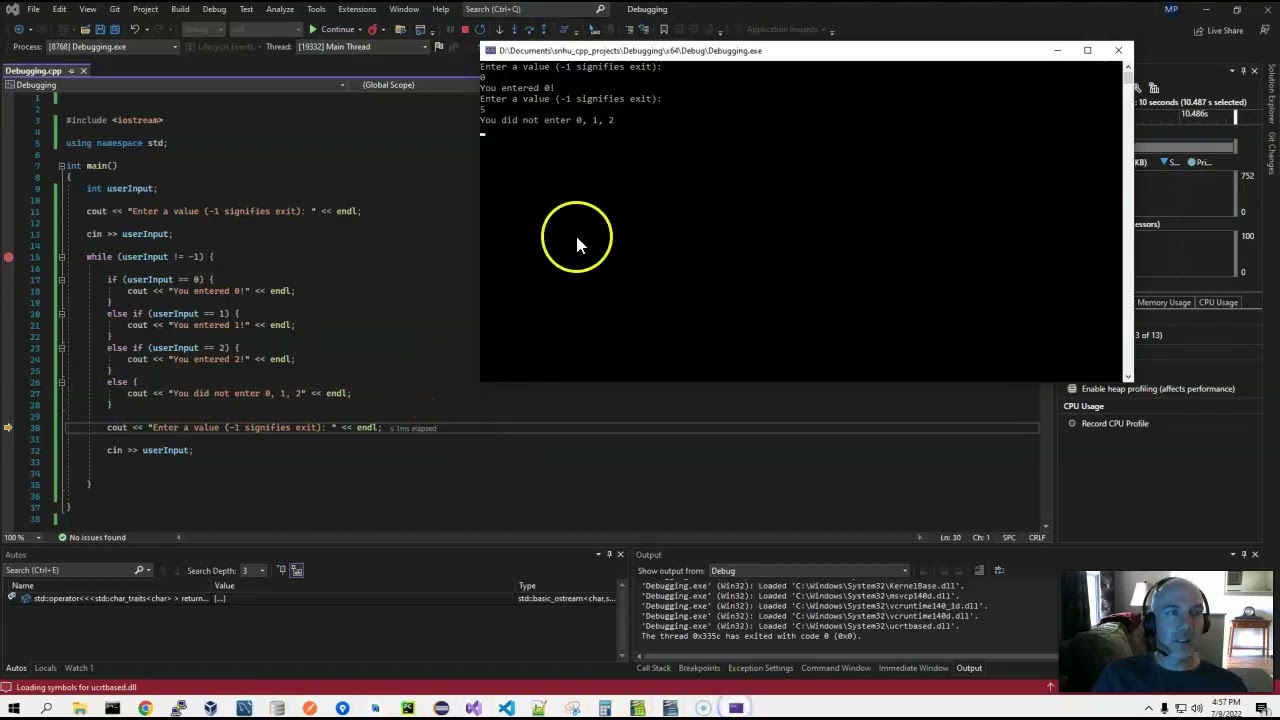 CS 210 Using Visual Studio Debugger